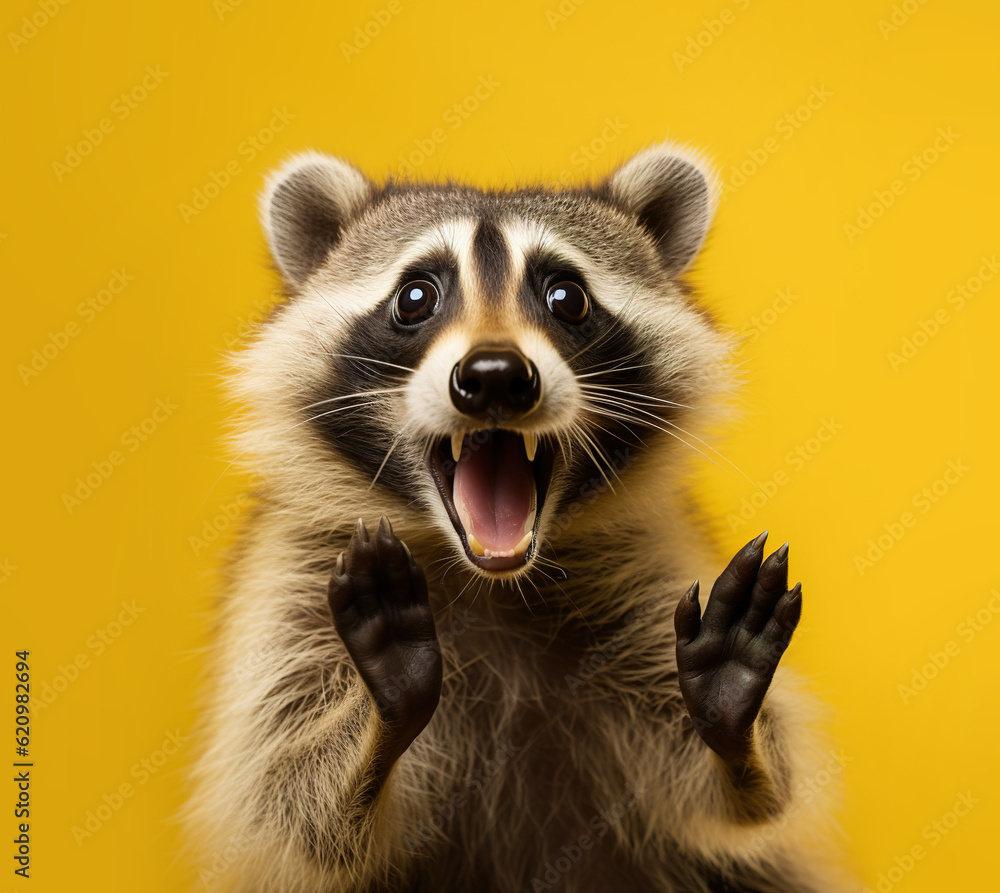 raccoon looking surprised, reacting amazed, impressed, standing over ...