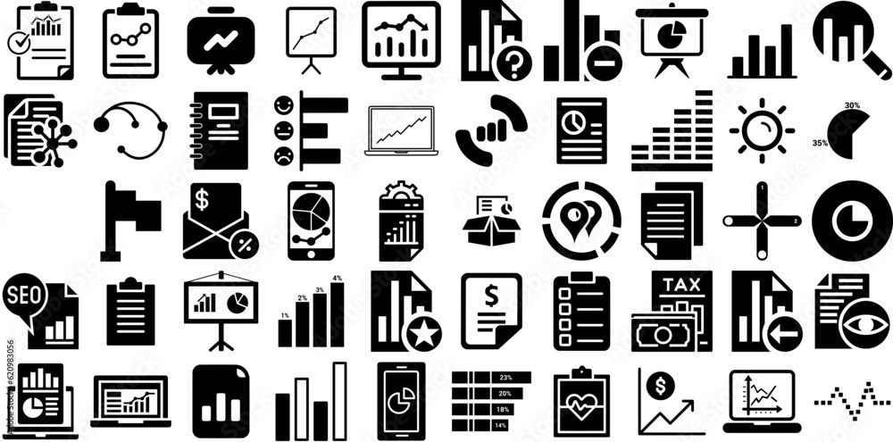 Huge Set Of Report Icons Collection Hand-Drawn Black Vector Silhouettes ...