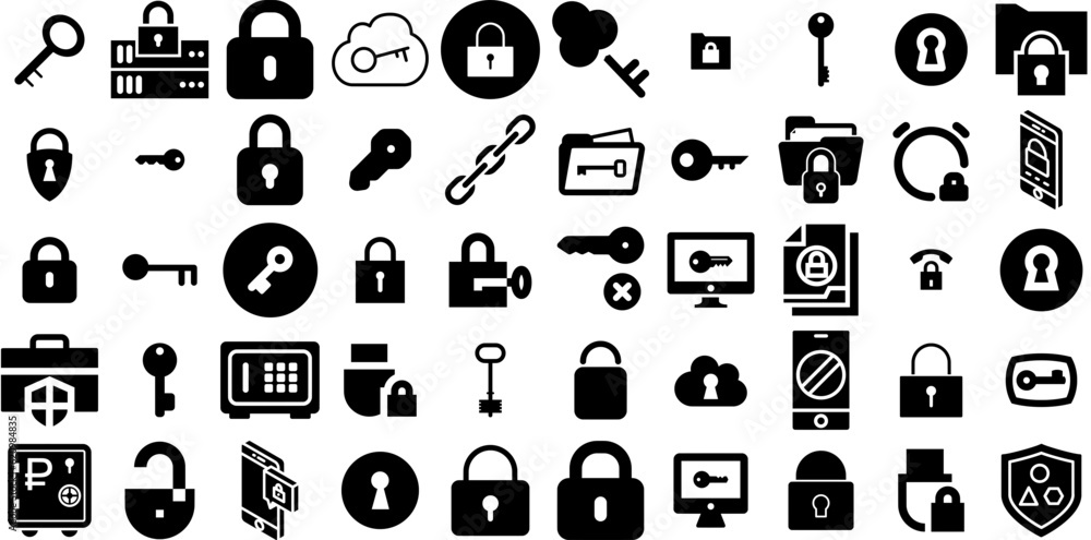 Big Set Of Locked Icons Bundle Hand-Drawn Solid Simple Clip Art Card ...