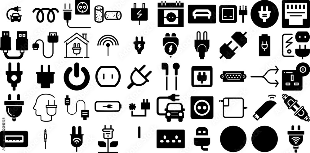 Mega Set Of Plug Icons Set Hand-Drawn Black Infographic Silhouettes ...