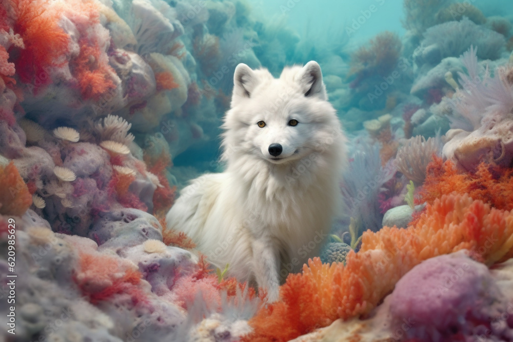 White arctic fox floating under water with multicolor coral reef around ...