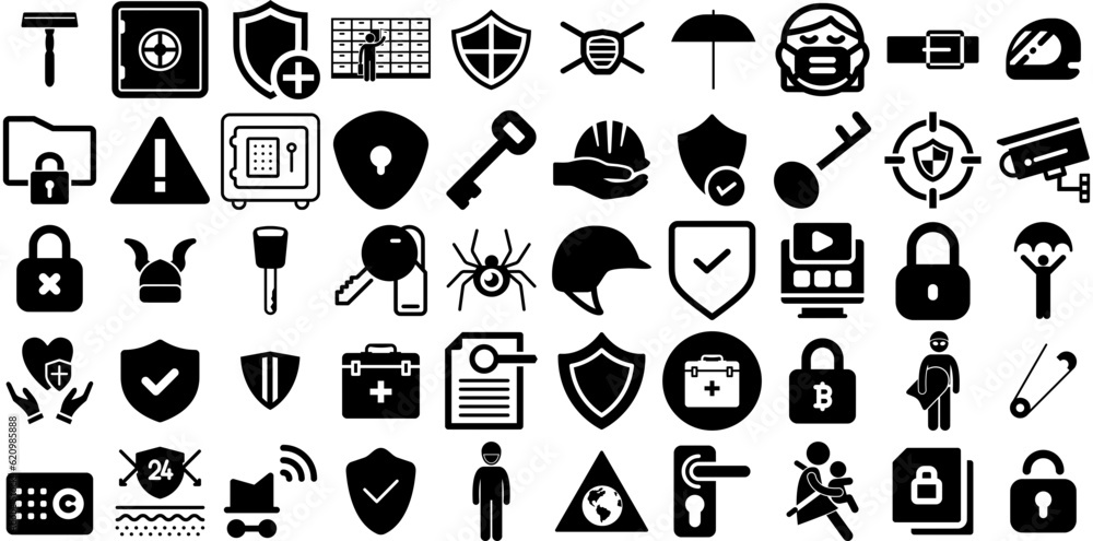 Huge Collection Of Safety Icons Set Hand-Drawn Linear Cartoon Symbol ...