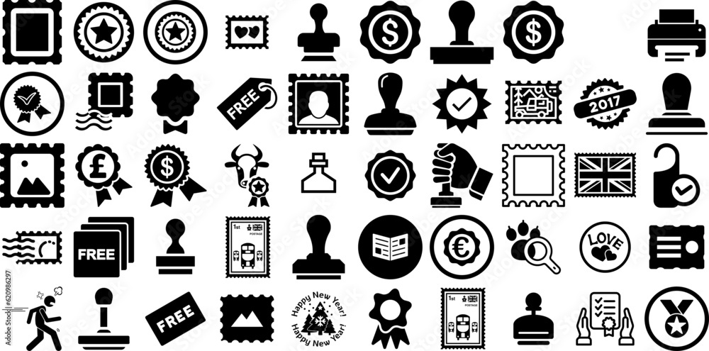 Vetor de Big Collection Of Stamp Icons Set Hand-Drawn Linear Vector ...