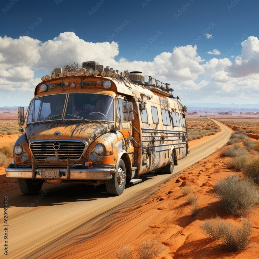 Graphic art of bus journeying desert road, inspired by Mad Max ...