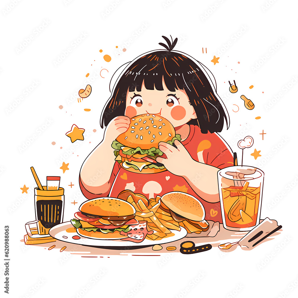 Draw vector illustration clip art design fat girl hungry and eat a junk ...