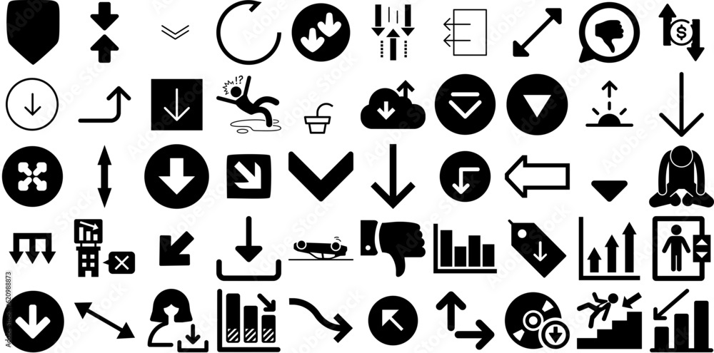 Huge Collection Of Down Icons Collection Hand-Drawn Solid Drawing ...