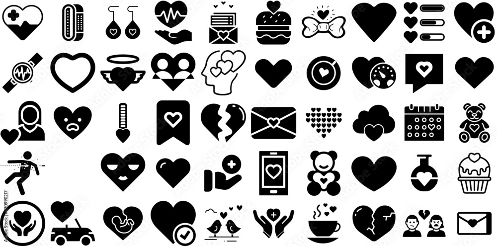 Big Collection Of Heart Icons Set Flat Cartoon Glyphs Nubes, Icon ...