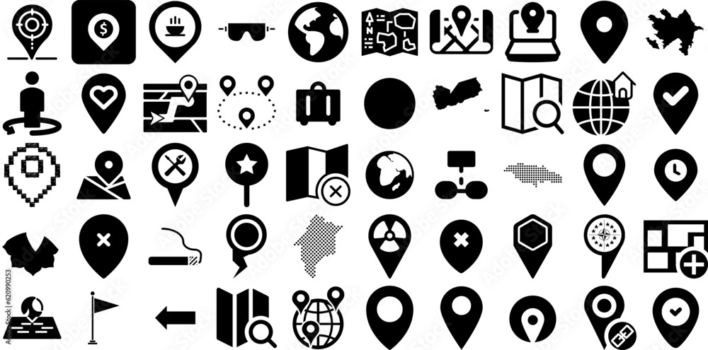 Huge Set Of Map Icons Bundle Isolated Modern Silhouettes Mark ...