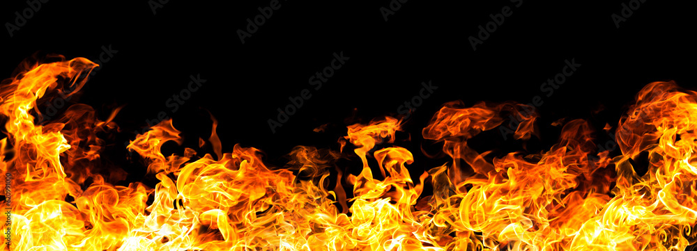 The biggest fire flames of realistic burning on black background. For ...