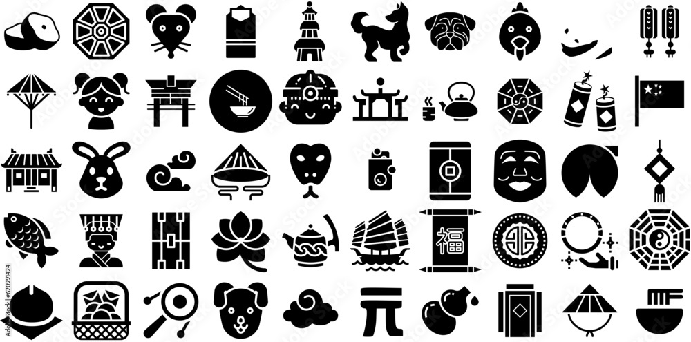 Big Collection Of Chinese Icons Set Linear Cartoon Clip Art Circle ...
