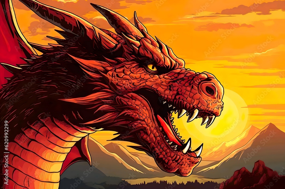 red dragon head. red dragon on the sky background. Vector illustration ...