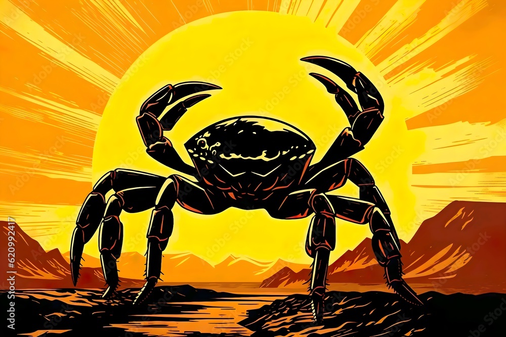 crab on sunset background. Vector illustration in pop art retro comics ...