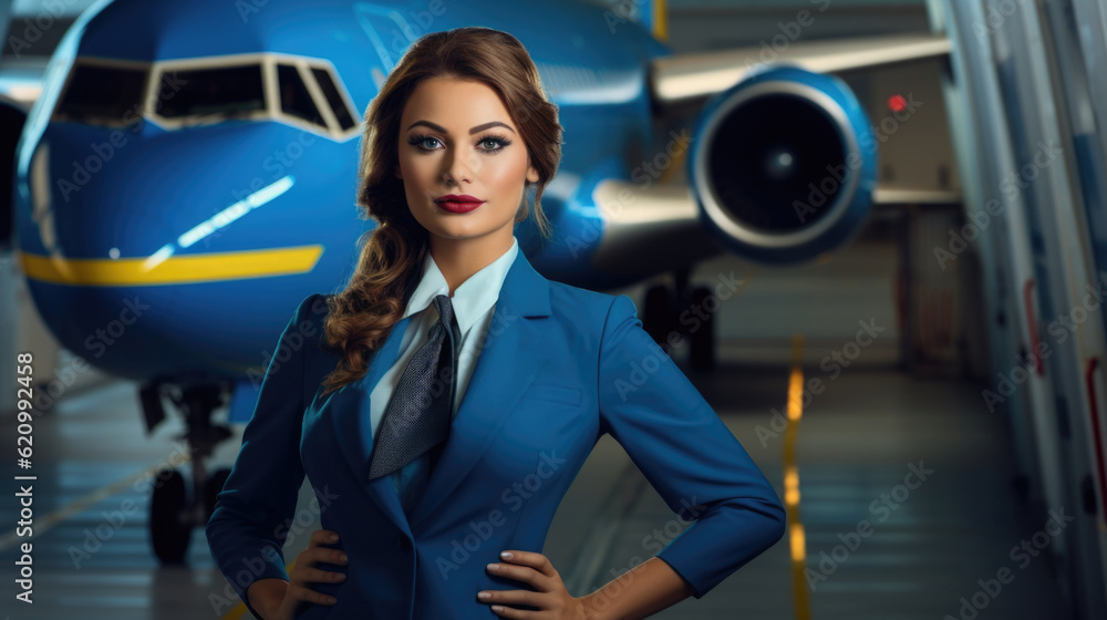 helpful woman stewardess stands ready to board the aircraft, showcasing ...