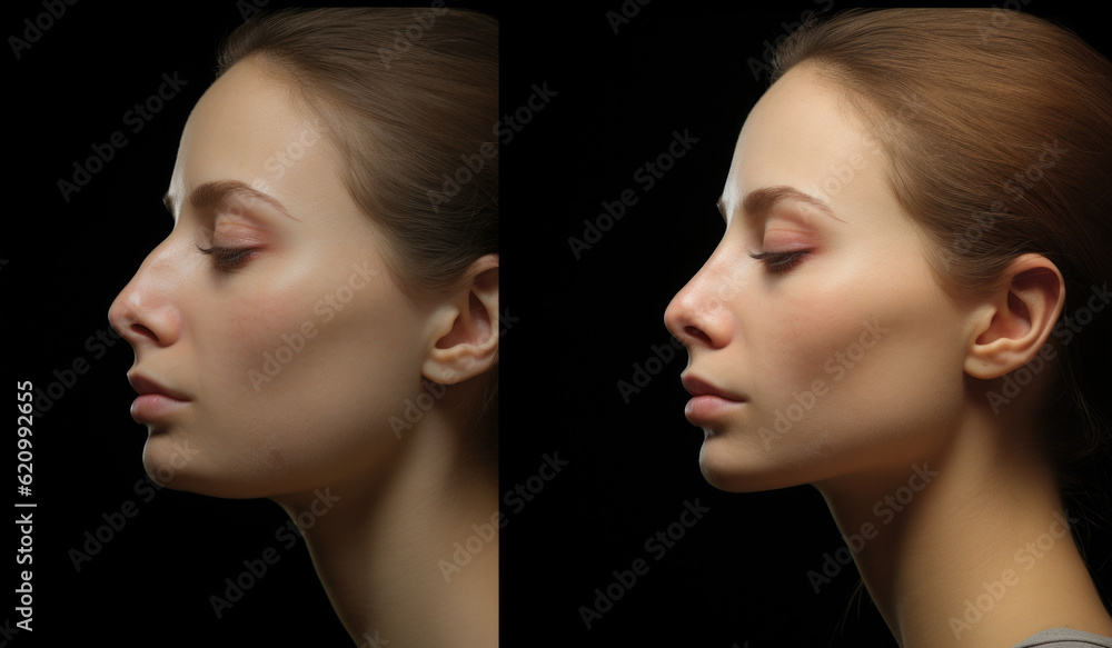 Before and after images of a woman's nose transformation. The surgical ...
