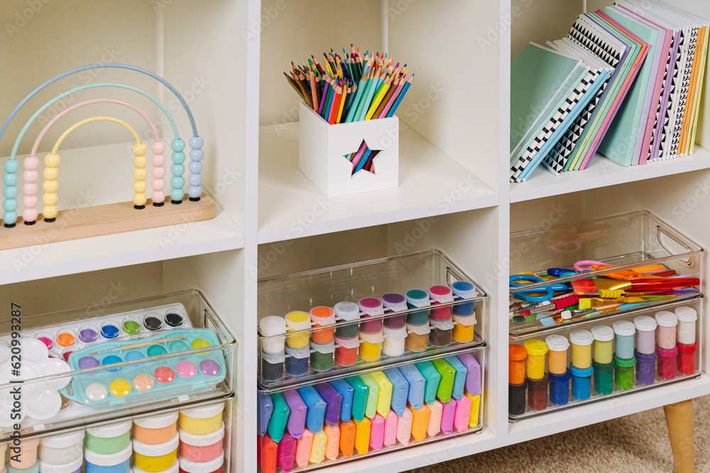 Zdjęcie Stock: White shelving with various material for creativity and ...