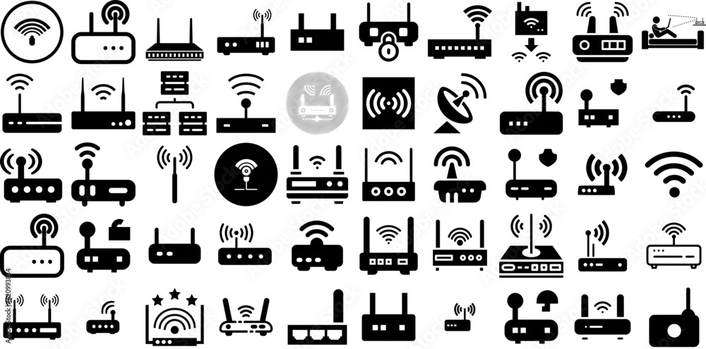 Massive Set Of Router Icons Bundle Hand-Drawn Black Vector Pictogram ...
