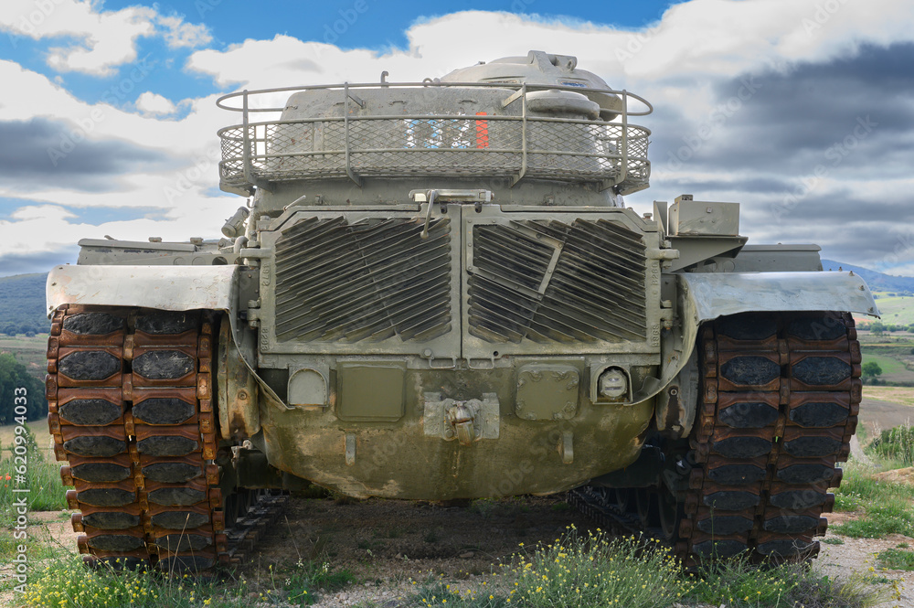 Close-up of the rear, of the butt, of an old tank, armored vehicle ...