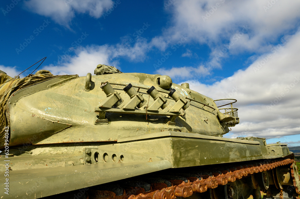 Close-up of the turret rocket launchers of an old tank, armored car ...