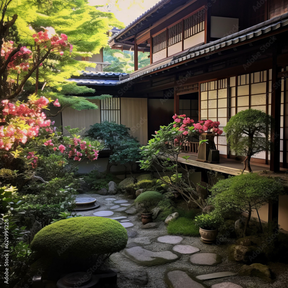 Beautiful traditional Japanese house exterior with a beautiful garden ...