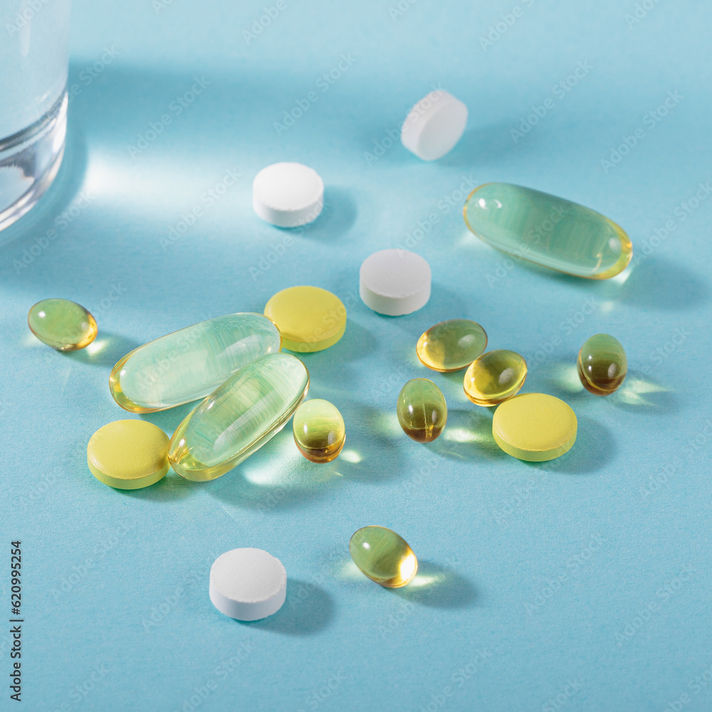 Diet, nutrition, healthy eating concept. Assorted pharmaceutical ...