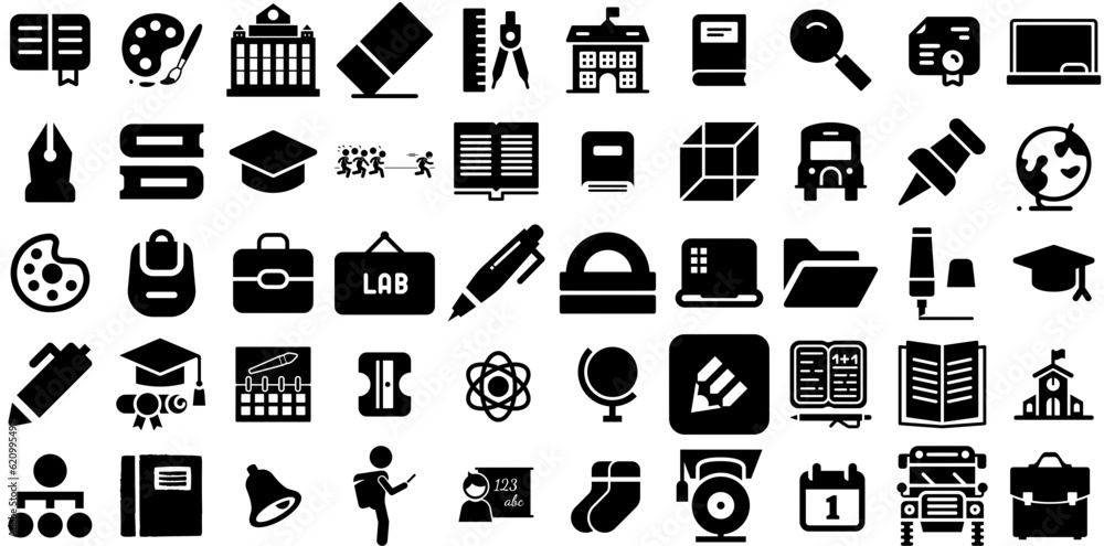 Big Collection Of School Icons Collection Hand-Drawn Solid Cartoon ...
