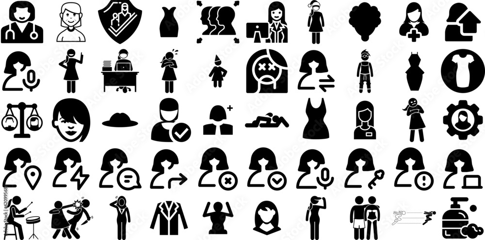 Huge Set Of Woman Icons Pack Solid Cartoon Symbols Workwear, Silhouette ...