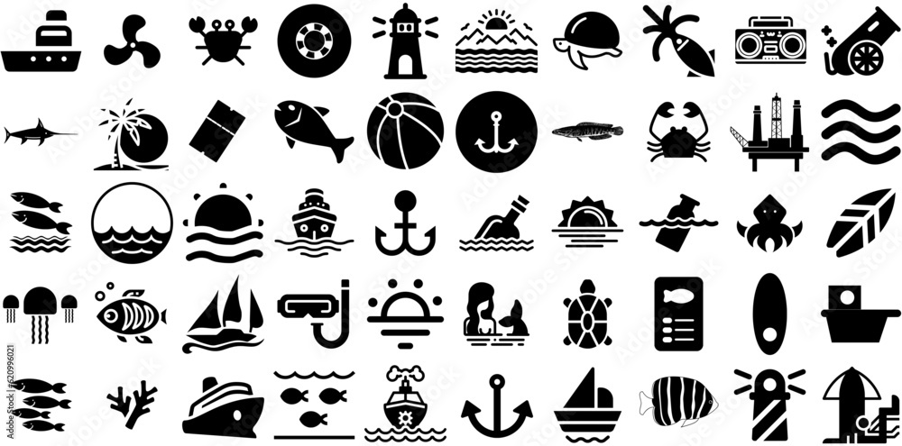 Vetor de Huge Collection Of Sea Icons Collection Hand-Drawn Isolated ...