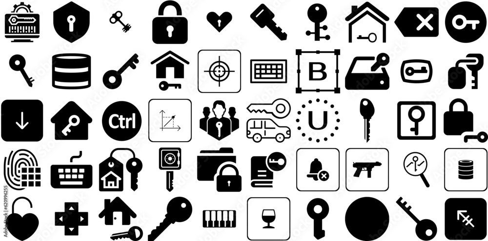 Vetor de Huge Collection Of Key Icons Set Hand-Drawn Linear Simple ...
