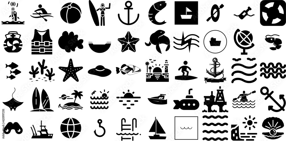 Massive Set Of Sea Icons Pack Hand-Drawn Solid Vector Clip Art Tortoise ...