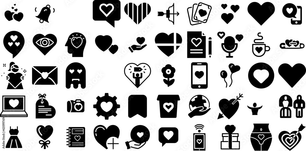 Big Set Of Love Icons Pack Solid Cartoon Signs Health, Find, Three ...