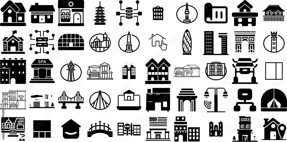 Mega Set Of Architecture Icons Bundle Solid Concept Pictogram Doorway ...