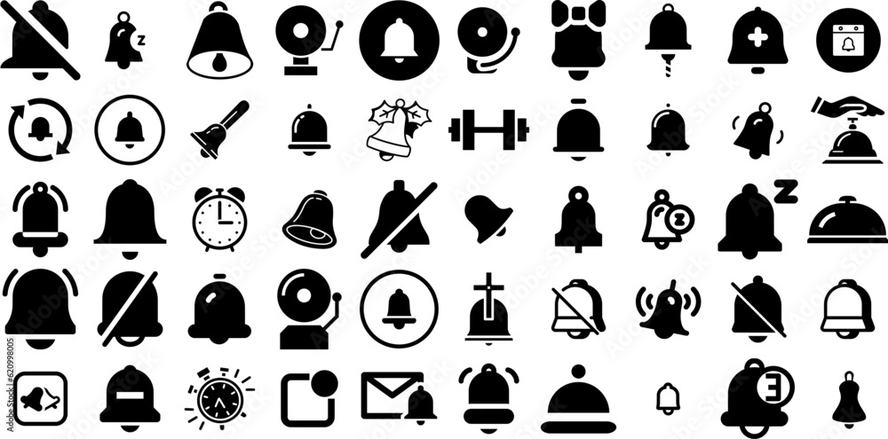 Massive Set Of Bell Icons Collection Hand-Drawn Solid Concept Symbols ...