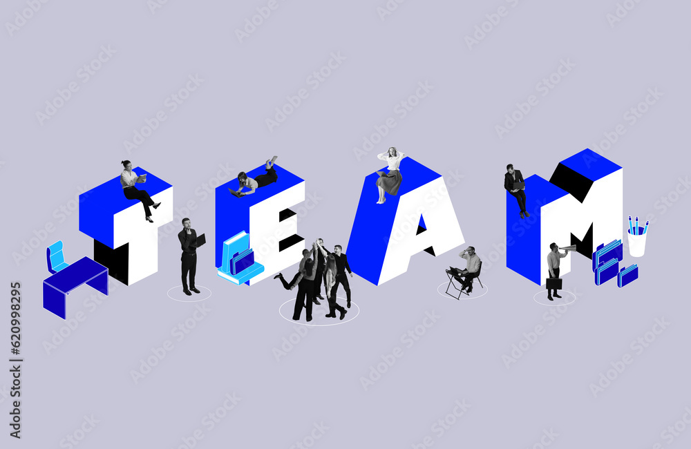 Team. Contemporary art collage. Young motivated and ambitious employees ...