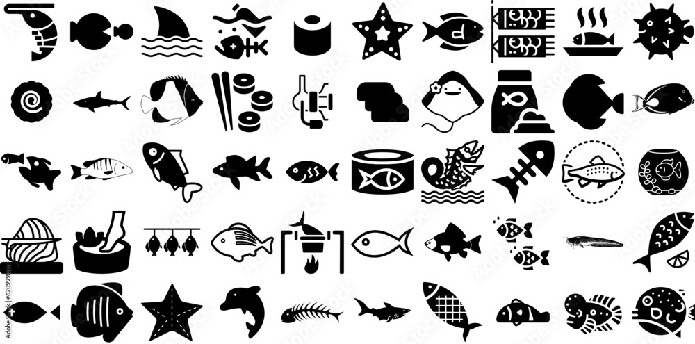 Vetor de Massive Set Of Fish Icons Bundle Hand-Drawn Black Drawing ...