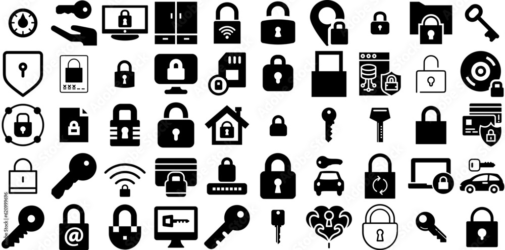 Mega Set Of Locked Icons Set Hand-Drawn Solid Drawing Glyphs Card ...