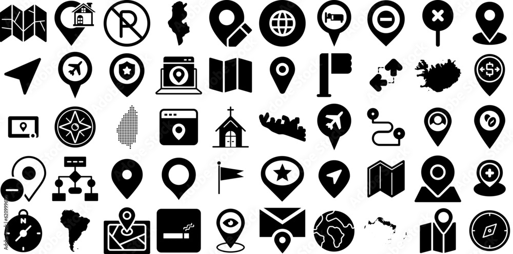 Huge Set Of Map Icons Collection Hand-Drawn Solid Cartoon Signs ...