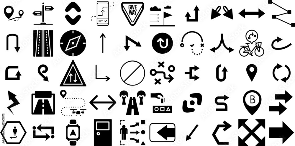 Mega Set Of Way Icons Collection Isolated Simple Silhouette Icon, Arrow ...