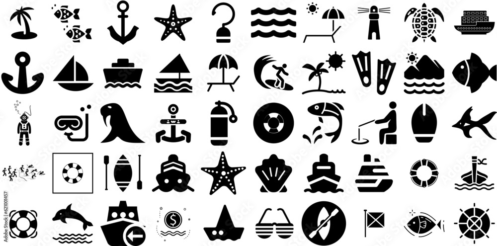 Massive Collection Of Sea Icons Set Hand-Drawn Linear Drawing Elements ...