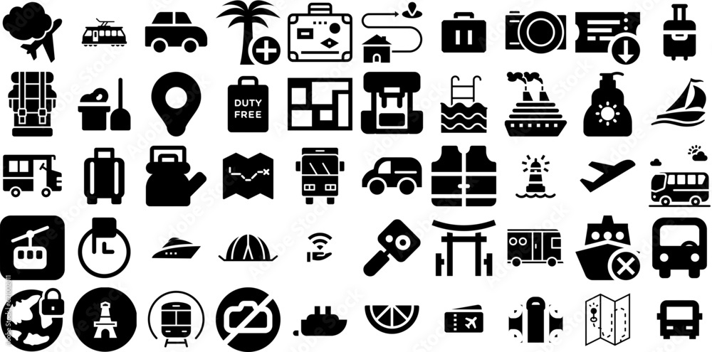 Mega Set Of Travel Icons Collection Solid Vector Pictograms Yacht ...