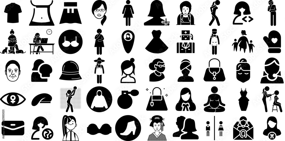Vetor de Mega Collection Of Woman Icons Set Hand-Drawn Solid Modern ...