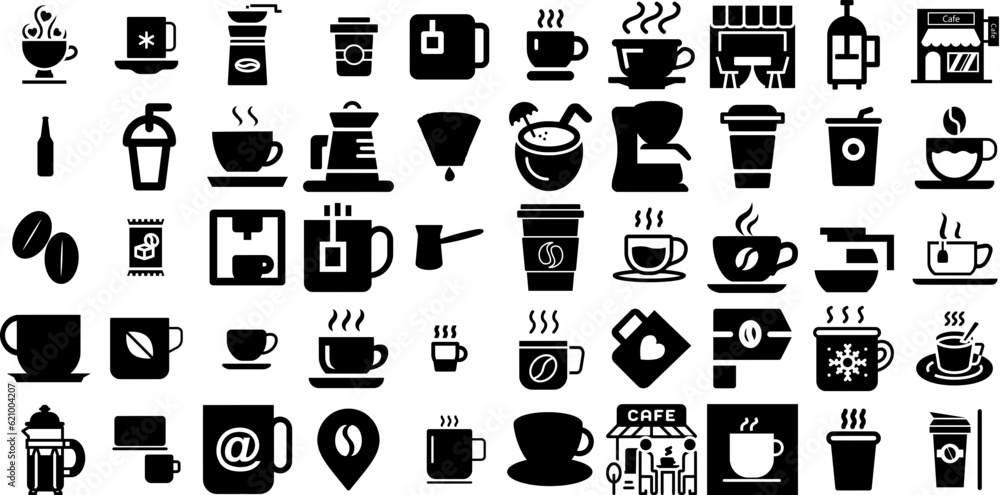 Massive Set Of Coffee Icons Bundle Hand-Drawn Solid Vector Symbols Fast ...