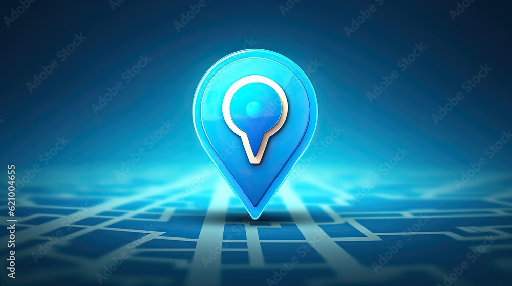 A blue location pin sign icon is shown, as well as a gps navigation map ...