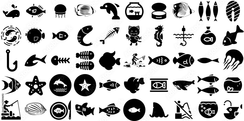 Massive Collection Of Fish Icons Pack Black Infographic Symbols Bowl ...