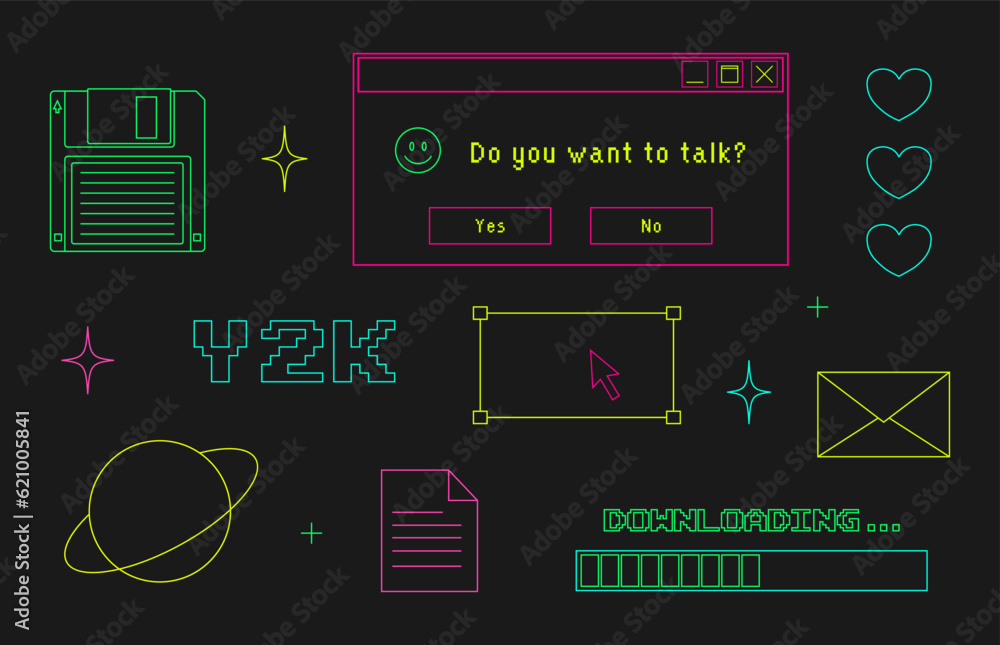 y2k neon trendy set of objects, old computer interface, retro pc ...