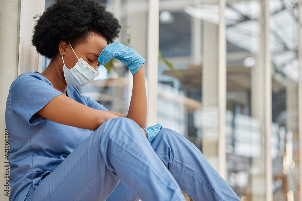 Sad surgeon, crying and black woman depressed about clinic news, mental ...