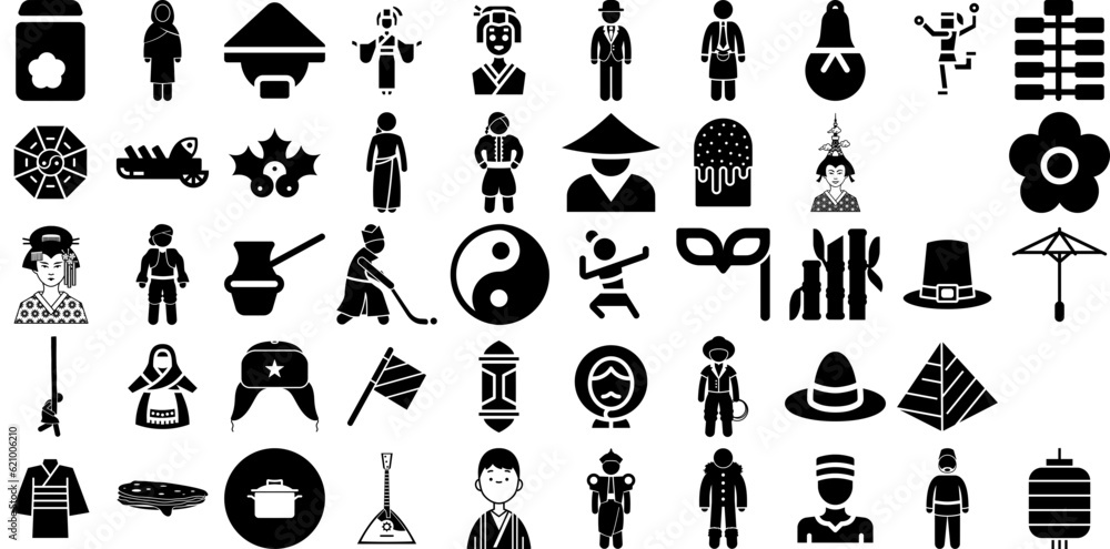 Big Set Of Traditional Icons Collection Solid Cartoon Symbol Unique ...