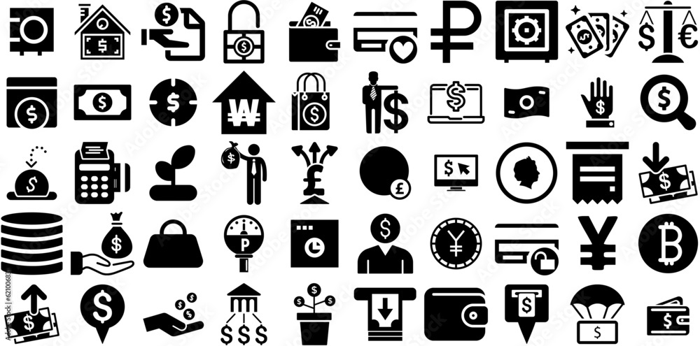 Big Set Of Money Icons Collection Hand-Drawn Solid Vector Symbols ...