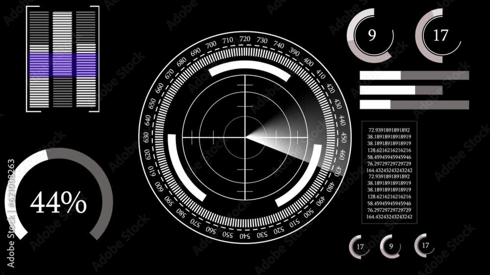 White radar screen scanning information on world map animation ...
