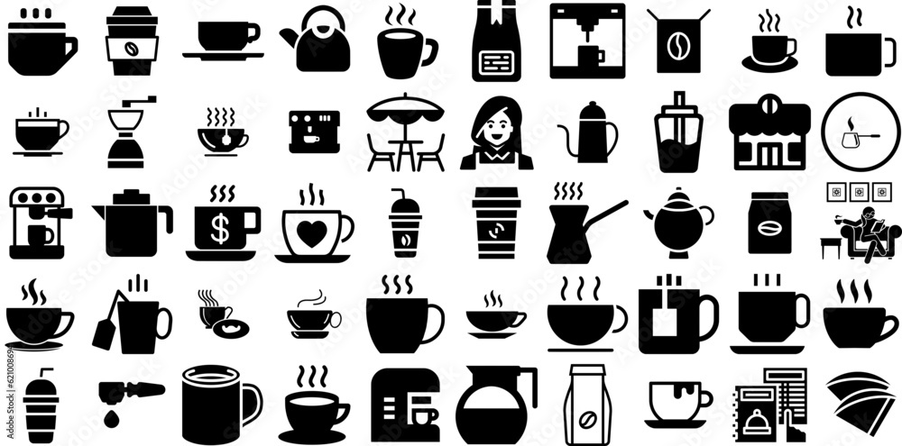 Huge Set Of Coffee Icons Pack Black Infographic Pictograms Tea, Set ...