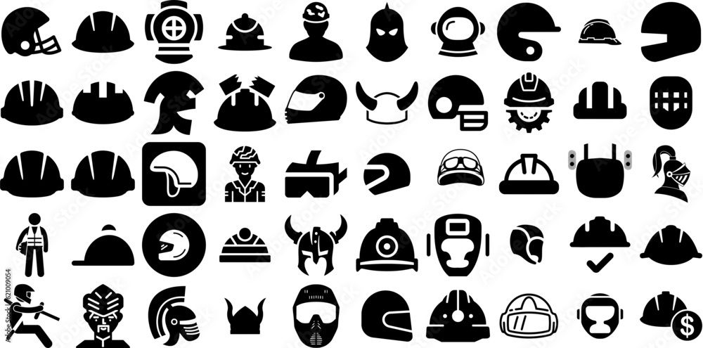 Huge Collection Of Helmet Icons Collection Hand-Drawn Black Vector ...